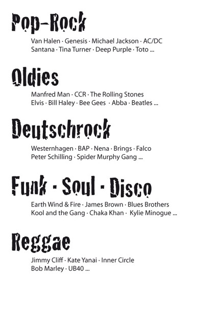 JOE COOL BAND - REPERTOIRE